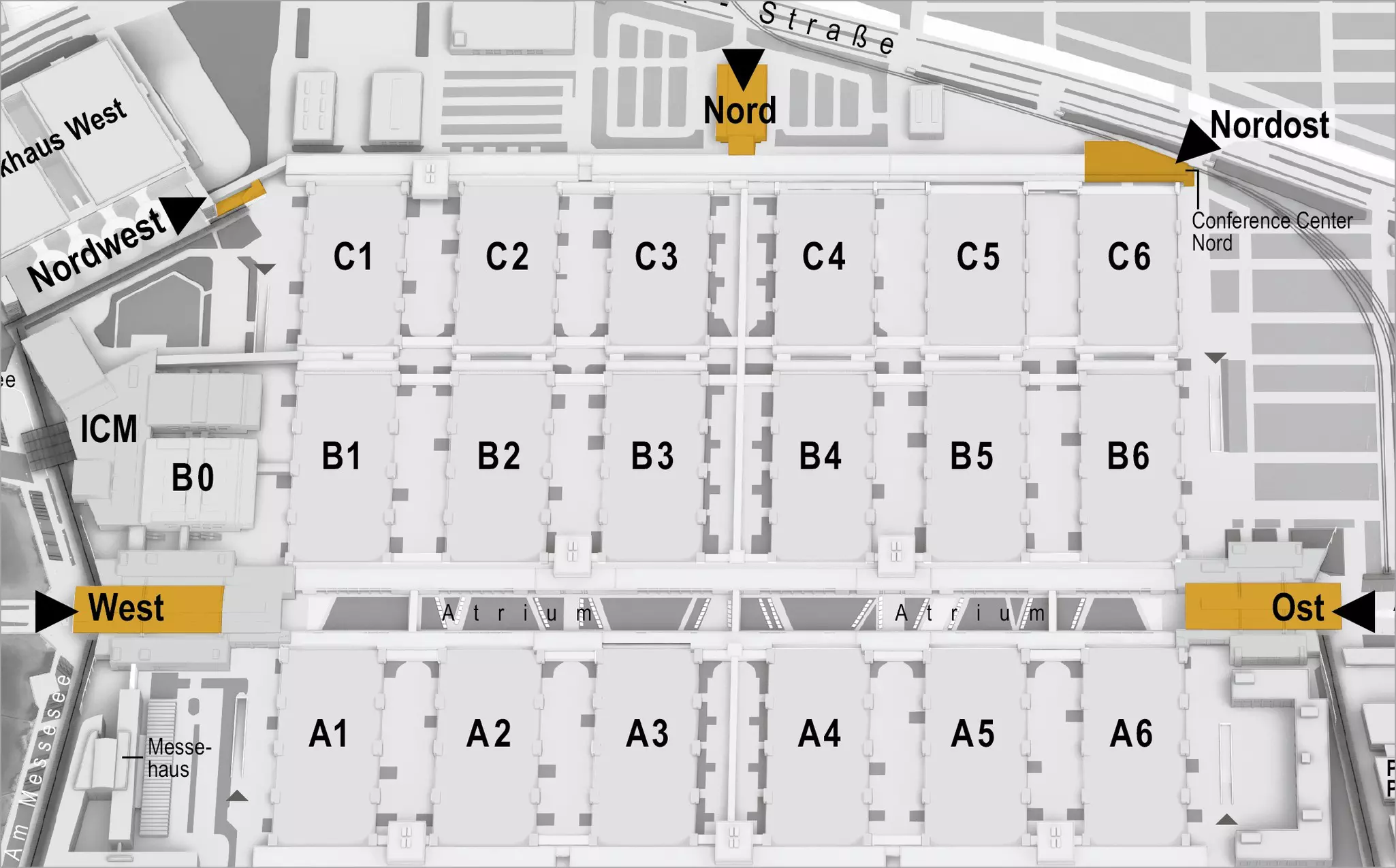 Eingänge zum Trade Fair Center Messe München